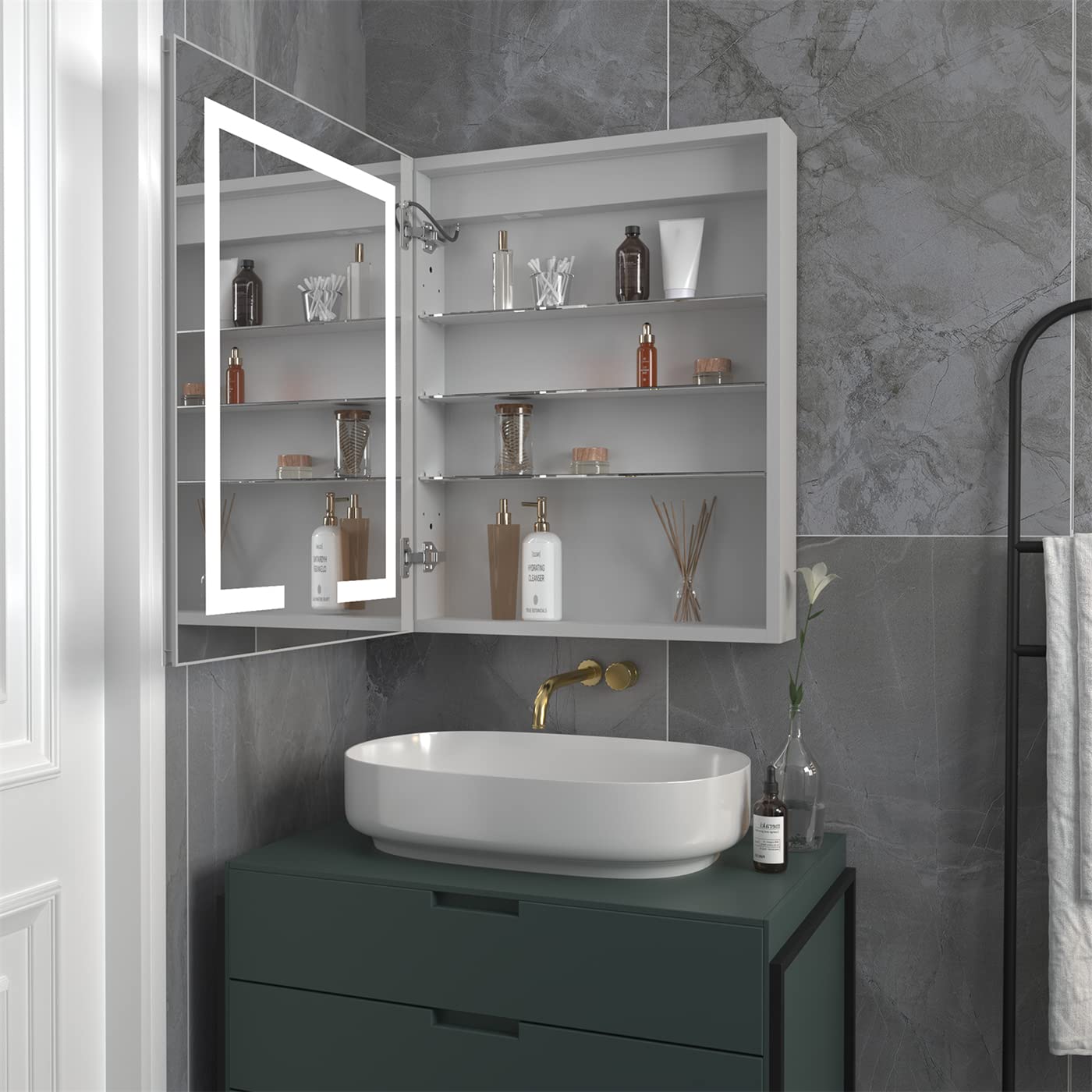 Liviza LED Bathroom Medicine Cabinet with Mirror, 24 x 30 Inch, Recessed or Surface Lighted Medicine Cabinet, Defog, Auto Memory Light Setting, 2 Outlets, Storage Shelves (Left Soft Close Hinge)