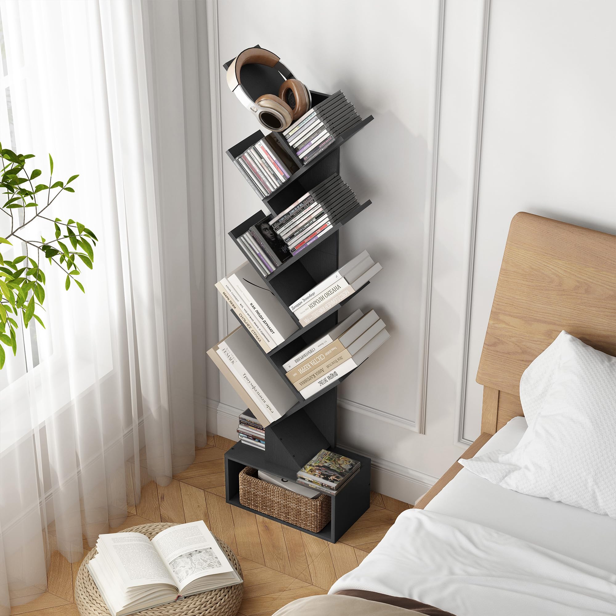 Tajsoon 9 Tier Tree Bookshelf, Tree Bookcase with Drawer, Floor Standing Book Storage Shelf, Modern Book Organizer for Bedroom, Living Room, Home Office, Black