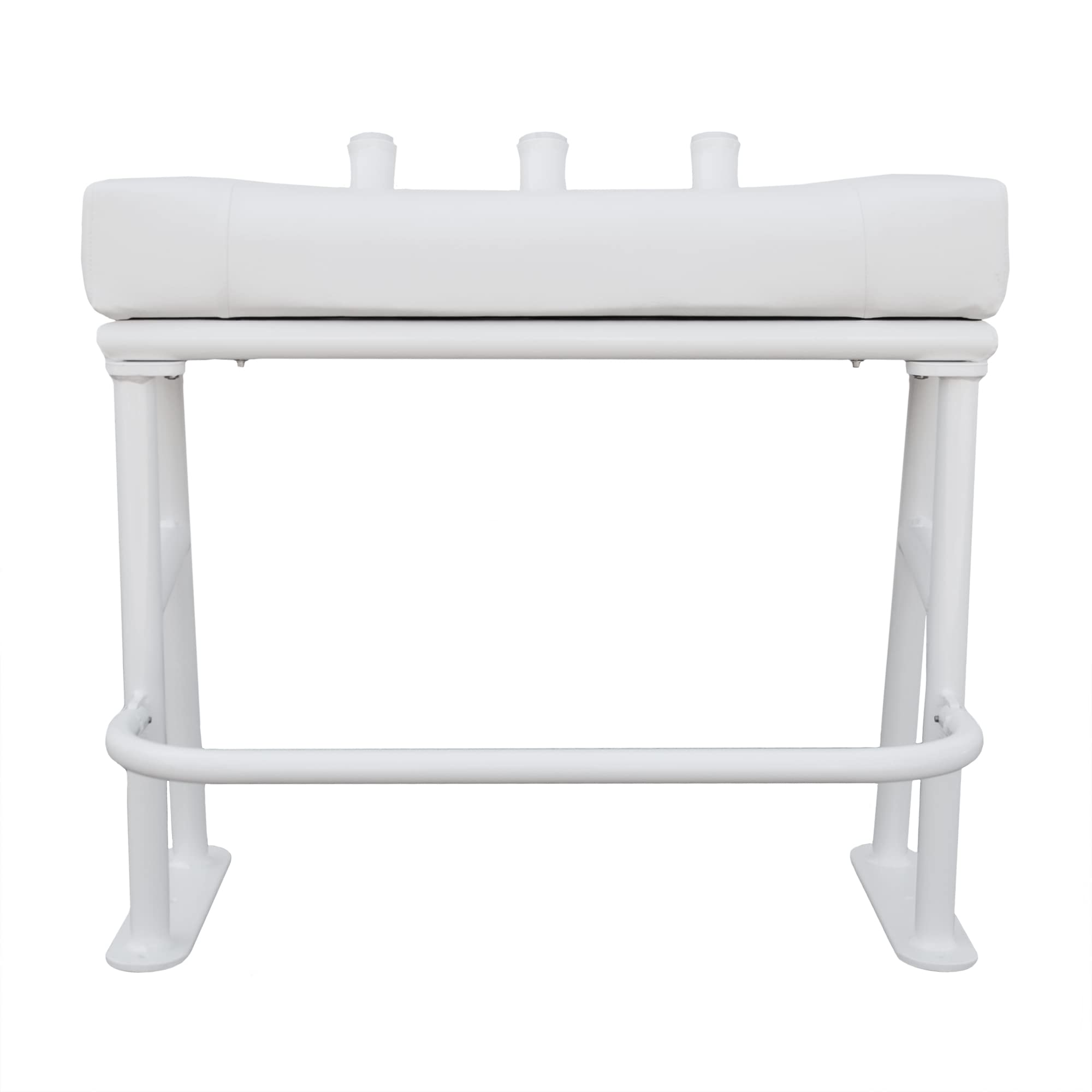 Fishmaster Original Leaning Post for Center Console Fishing Boats β Three Rocket Launcher Rod Holders, Rectractable Footrest, Flow Through Foam β White Upholstery/White Powder Coat