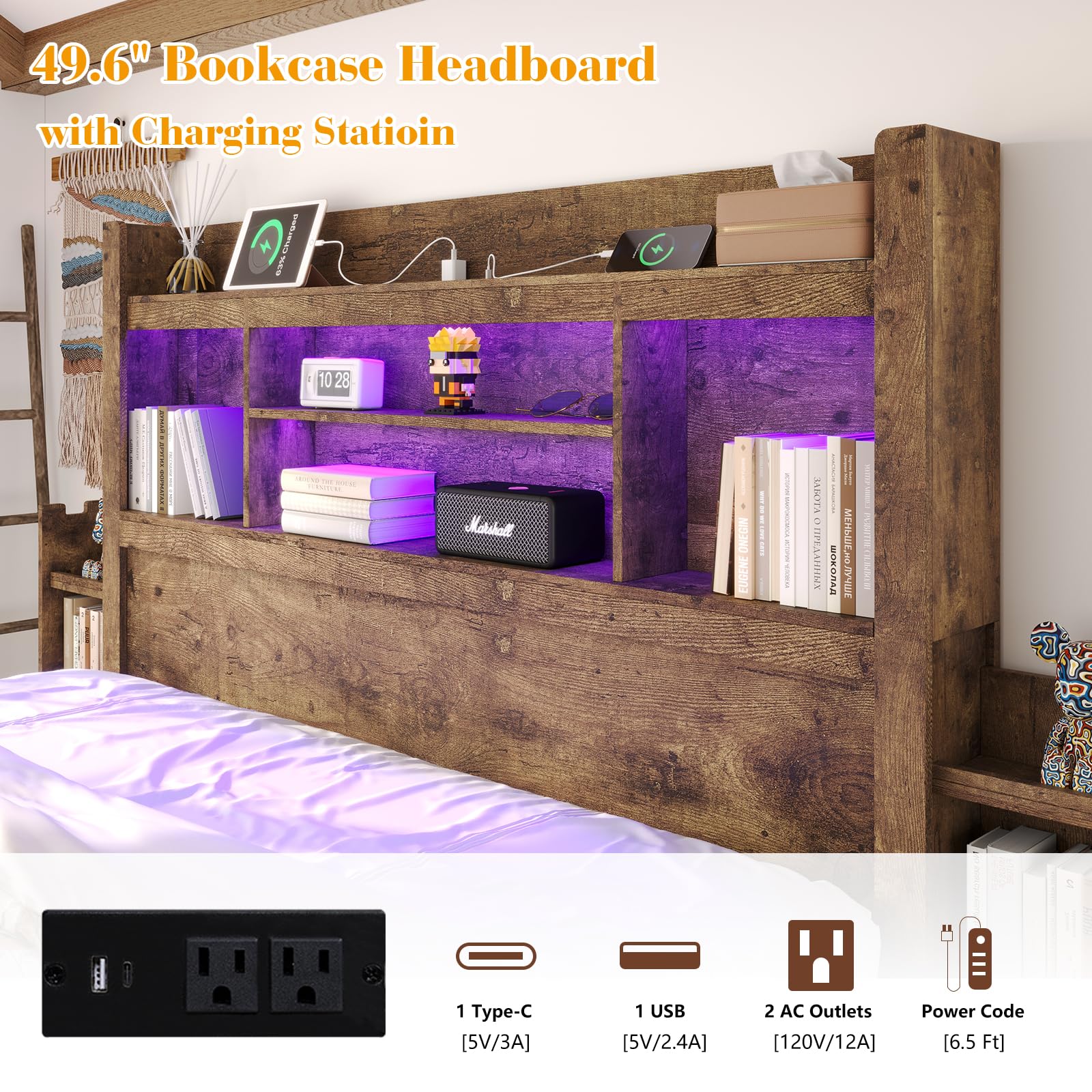 LUXOAK King Bed Frame with 49.6" Bookcase Headboard & 2 Bedside Stoage Racks & 4 Drawers, Farmhouse Wood Bed Frame with RGB LED & Charging Station, No Box Spring Needed, Rustic Brown