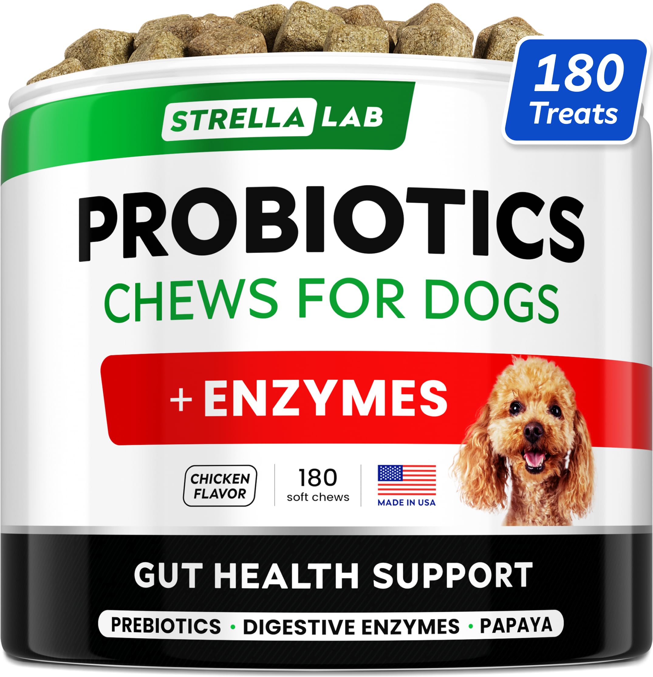STRELLALAB Dog Probiotics Treats for Picky Eaters - Digestive Enzymes + Prebiotics - Chewable Supplement - Allergy, Diarrhea, Gas, Constipation, Upset Stomach Relief - Improve Digestion, Immunity
