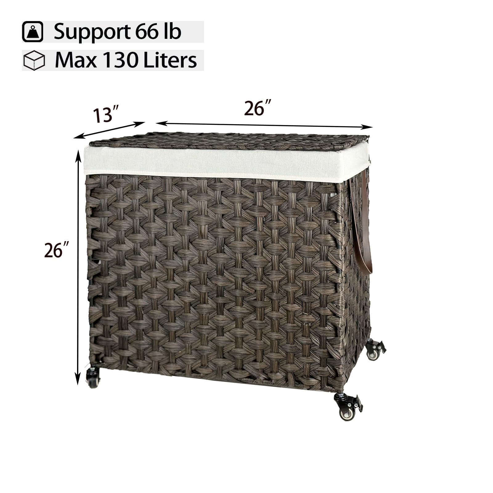 MOORLITER Wicker Laundry Basket with Lid, 34.3 Gallon(130L) Laundry Hamper with Wheels, 3 Section Laundry Hamper, Rolling Laundry Basket, Removable Liner, Laundry Room, 26x13x26 Inches, Dark Brown