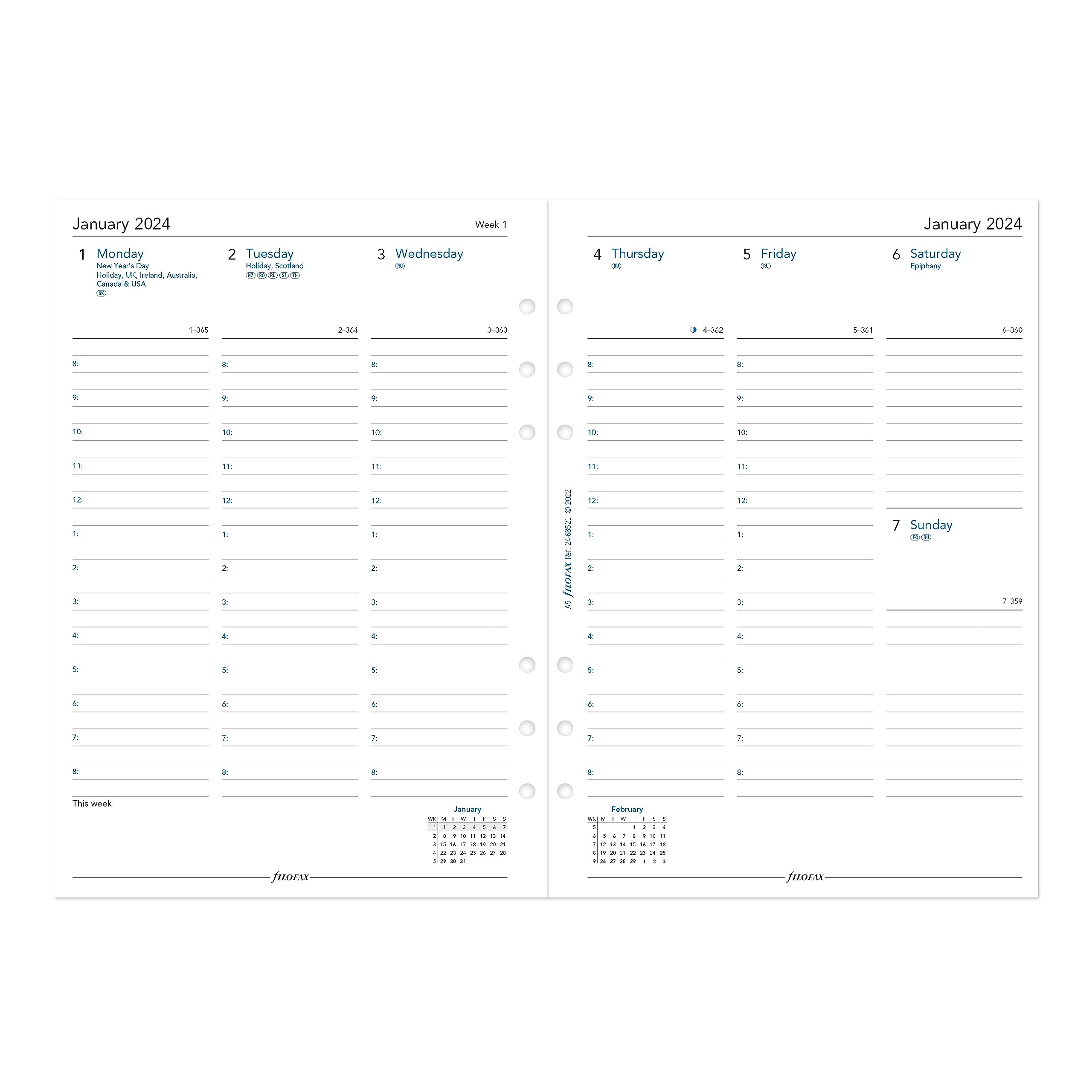 Filofax Calendar Diary Refill, A5 Size, Week-to-View with Appointments, Vertical, Multi-Fit, White Paper, English, 2024 (C68521M-24)
