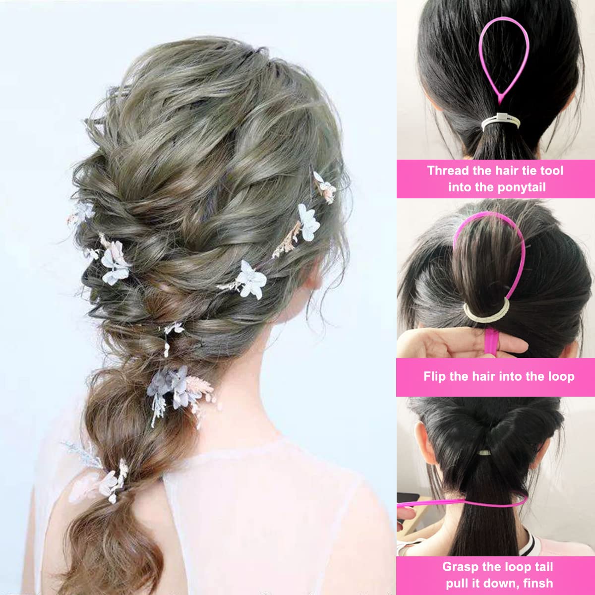 Hair Styling Tool Set - 6 Topsy Tail Loops, 4 French Braid Tools, 2 Braiding Combs, 50 Rubber Bands