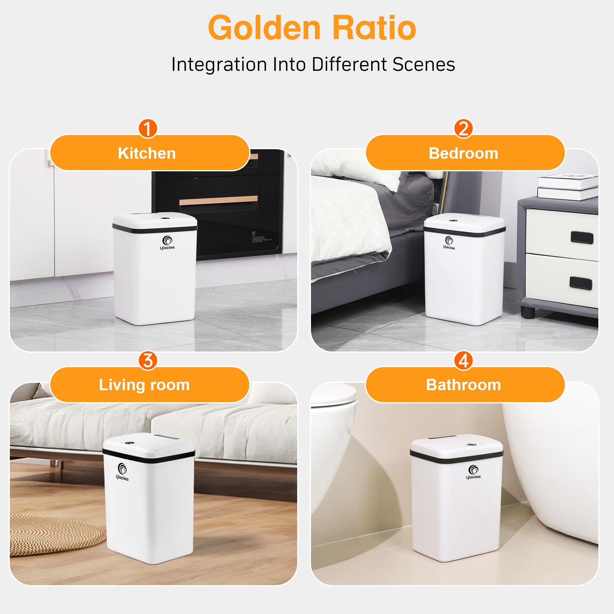 LJIACLEA Automatic Touchless Bathroom Small Trash Can with Lid 4 Gallon Smart Motion Sensor Electric Waterproo Garbage Can for Kitchen,Bedroom, Office, Living Room, USB & Light Energy Charging,White