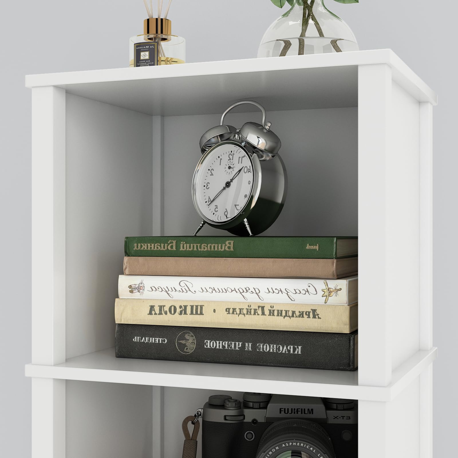 LAATOOREE 5 Tier Narrow Bookshelf, Wood 4 Cube Slim Bookcase, Skinny Open Display Storage Shelf for Small Space, Corner, Living Room, Office, Bedroom (White)