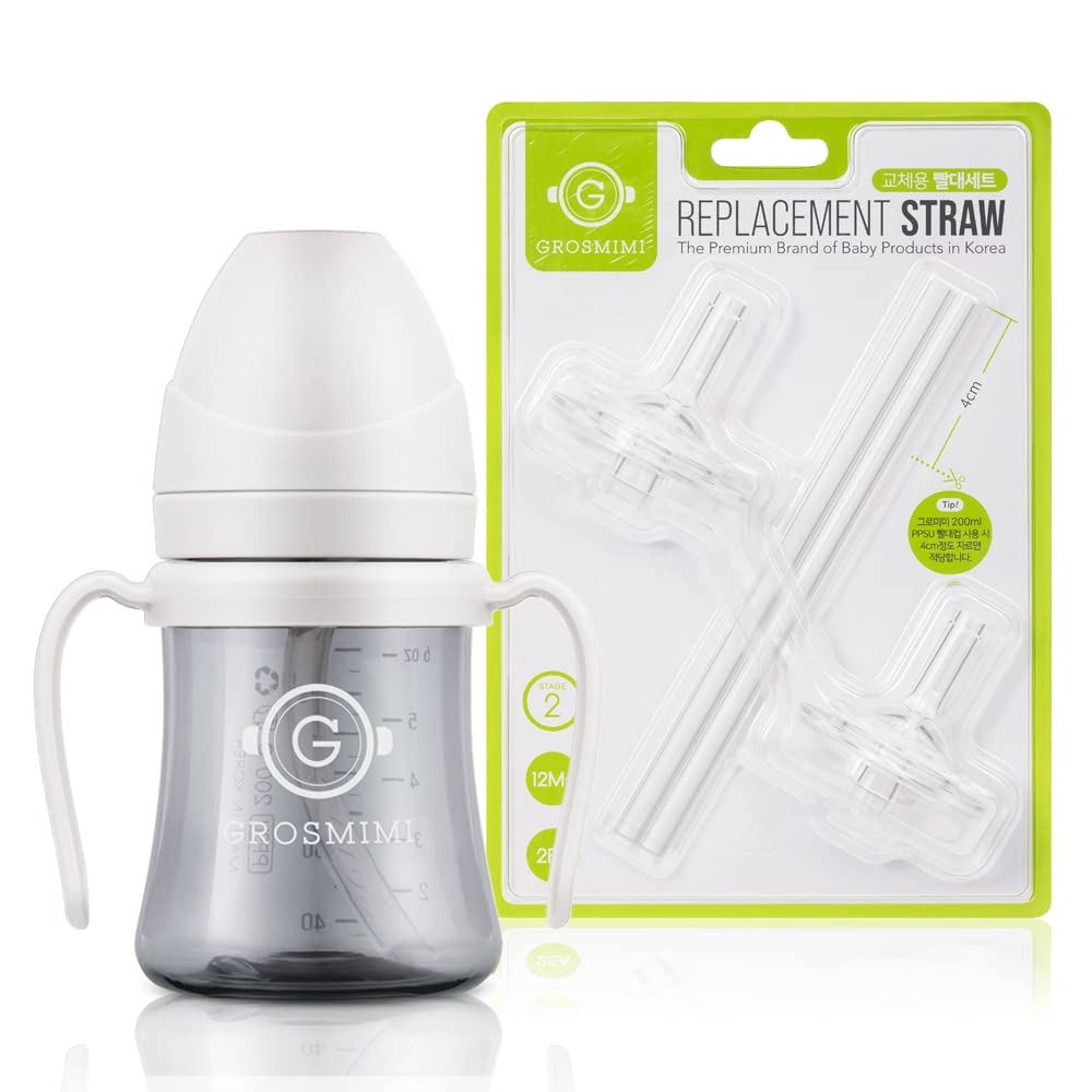 GROSMIMI PPSU Spill Proof Magic Sippy Cup 6 oz (white) + Replacements (Straw kit 2-counts, Stage 2)
