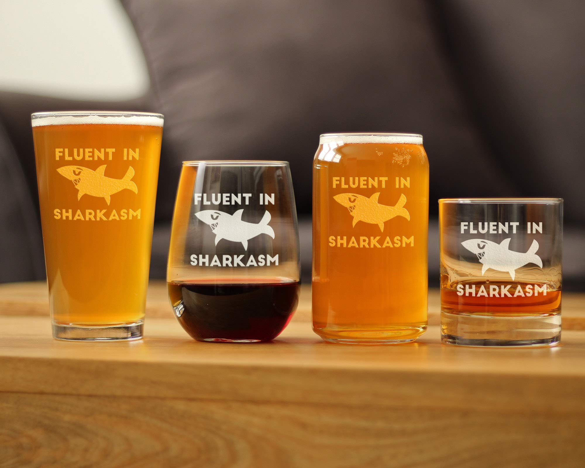 Fluent in Sharkasm - Shark Stemless Wine Glass Gifts for Sarcastic Mom or Dad Joke Experts - Funny Glasses with Sayings for Drinking - Large 17 Ounce