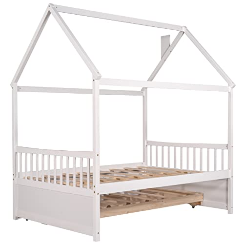 YuiHome Full House Bed with Trundle and 3 Storage Drawers, Full Captain's Beds Wooden Storage Daybed Frame for Kids Teens Boys Girls,No Box Spring Needed,White
