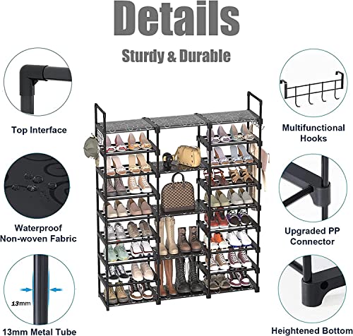 YDTREILS 9 Tier Shoe Rack Organizer, Large Shoe Shelf Holds 46-50 Pairs Shoe and Boots with Versatile Hooks Shoe Stand for Entryway Closet and Hallway