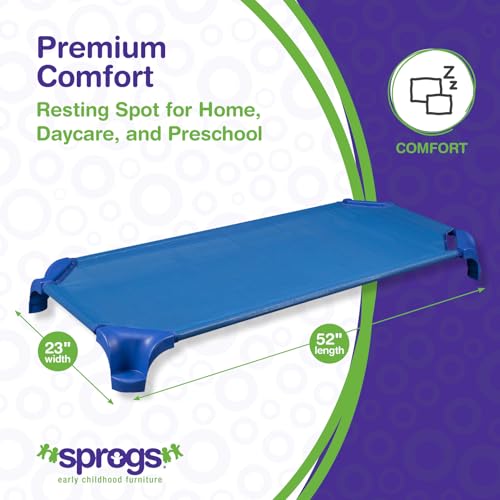 Sprogs Heavy-Duty Stackable Standard Size 52"L Daycare Cots for Kids and Toddlers, Stacking Preschool Classroom Kids Cots for Sleeping, Resting, Naptime, Pack of 6, Blue