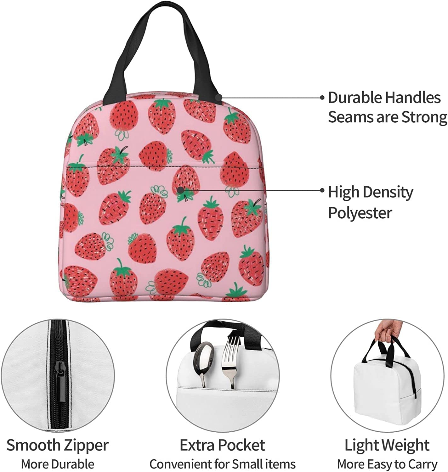 Giwawa Cute Strawberry Lunch Bag Insulated Lunch Box Kids Reusable Refrigerated Insulated Tote Bag Multifunctional School Work Lunch Container Home School Office Outdoor Use Bag