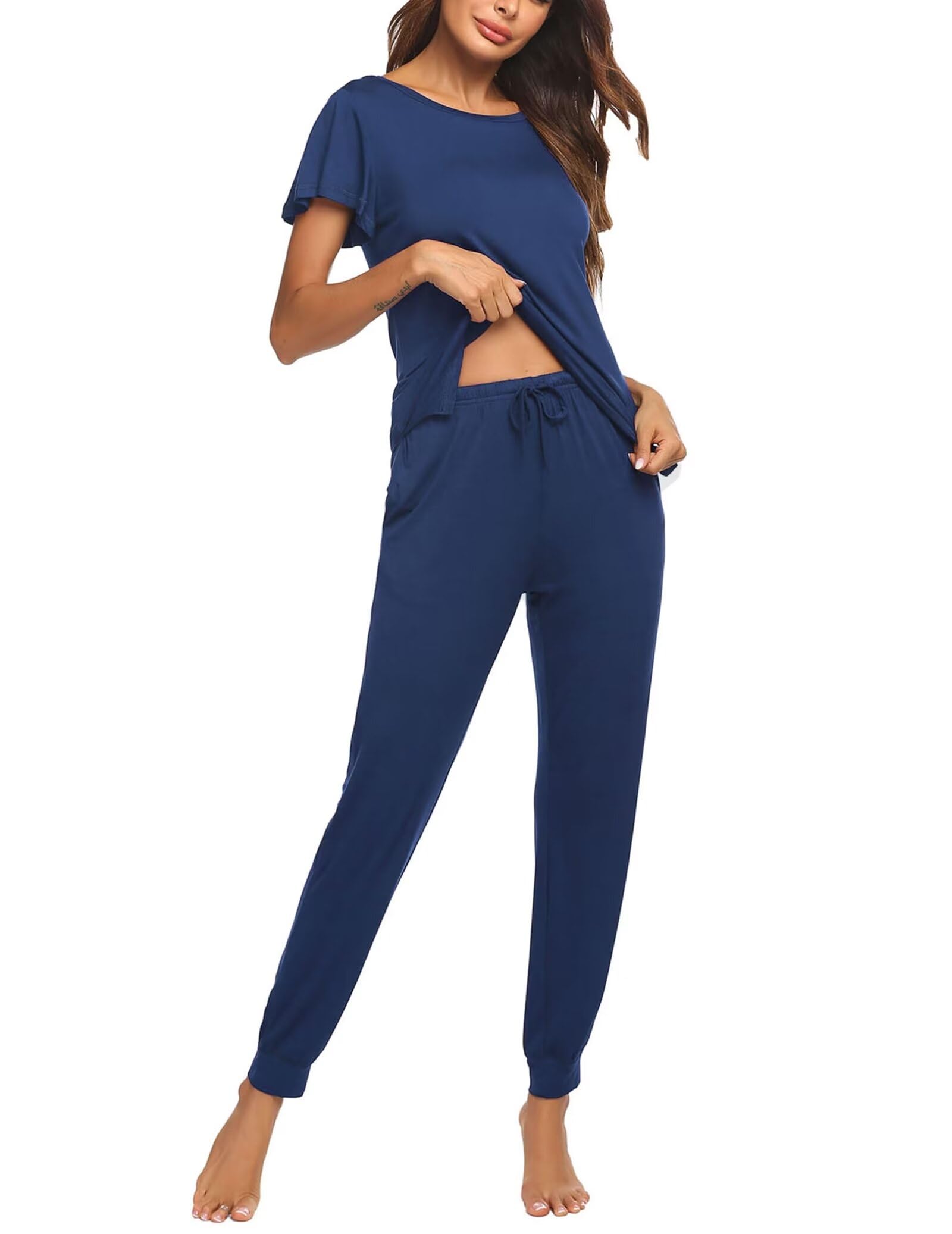 Ekouaer Pajama Set for Women Soft Short Sleeve Tops and Long Pants with Pockets Summer Pj Sets Navy XL