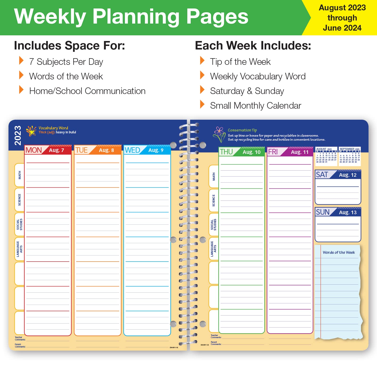 Global Datebooks Dated Elementary Student Planner for Academic Year 2023-2024 Includes Ruler/Bookmark and Planning Stickers (Matrix Style - 8.5"x11" - Corkboard)