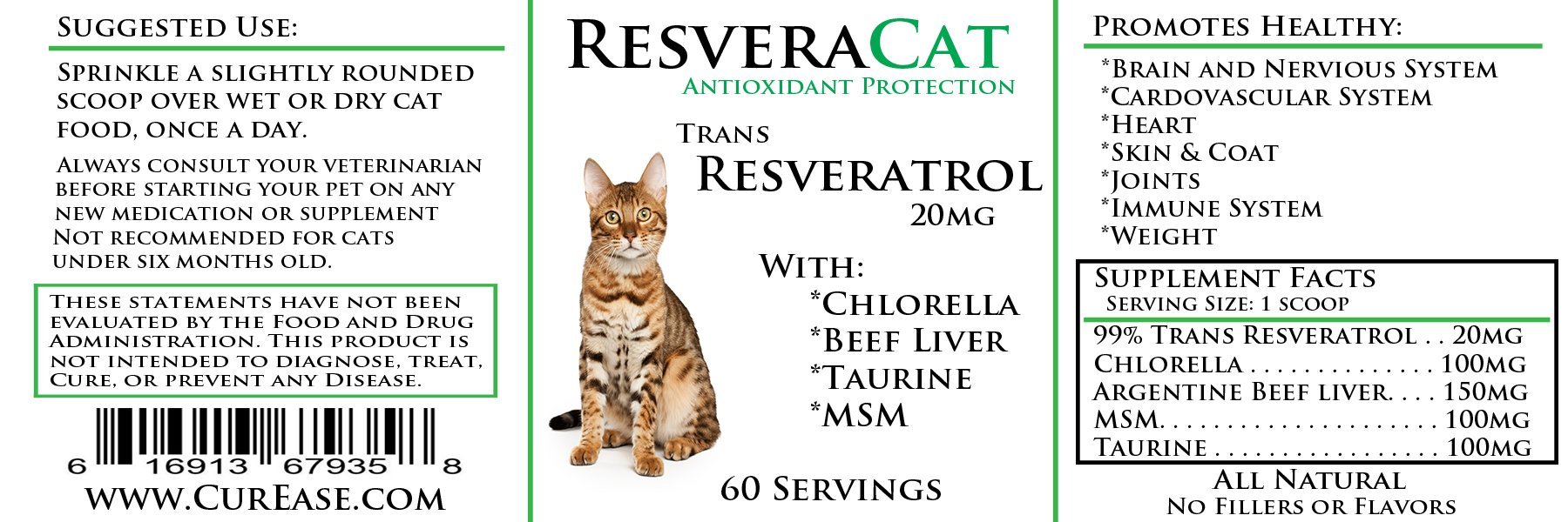 ResveraCat Anti Aging Cat Formula 99% Trans Resveratrol Powder, MSM, Taurine, Chlorella, Beef Liver
