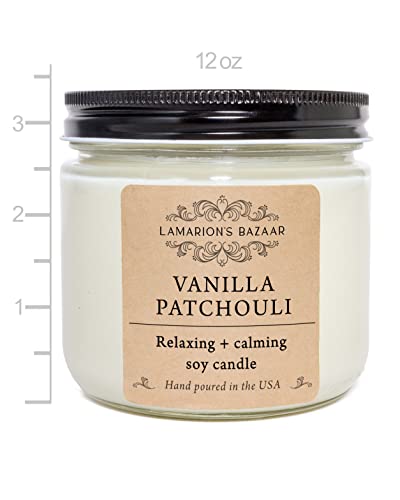 Vanilla Patchouli - Relaxing and Calming Vanilla Patchouli Scented Candle - Large Soy Candle - Glass Jar Candle in a Box