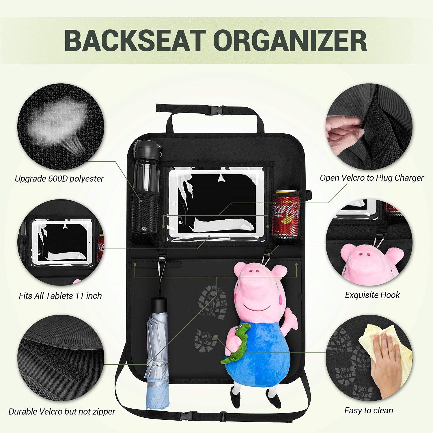 Dotala Kick Mats with Car Back seat Organizer,XL Storage Pocket - 2 Pack with Clear 11"Tablet Holder - Premium XL Protector for Kids Toy Bottle Drink Vehicles Travel (black)