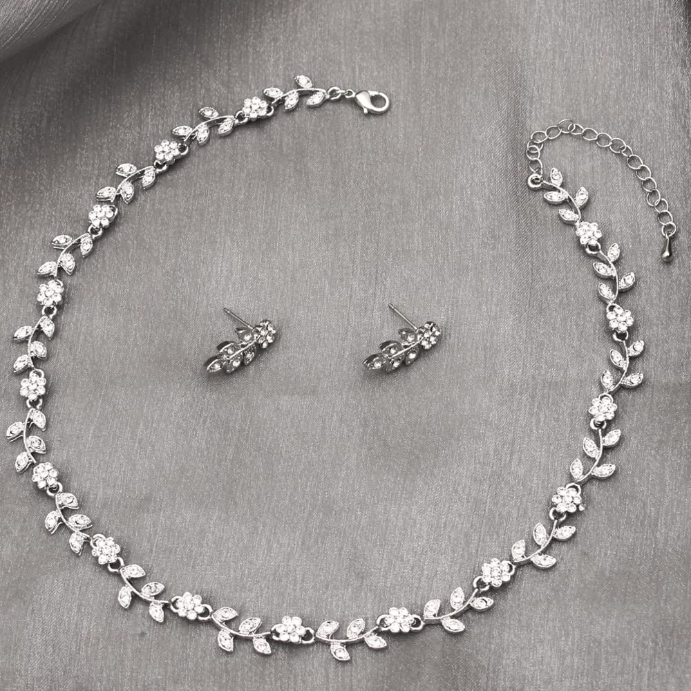 Enrwin Austrian Crystal Rhinestone Choker Necklace Dangle Earring Link Bracelet Jewelry Set for Brides Bridesmaid Prom Costume Accessories for Women (White-Platinum Plated)