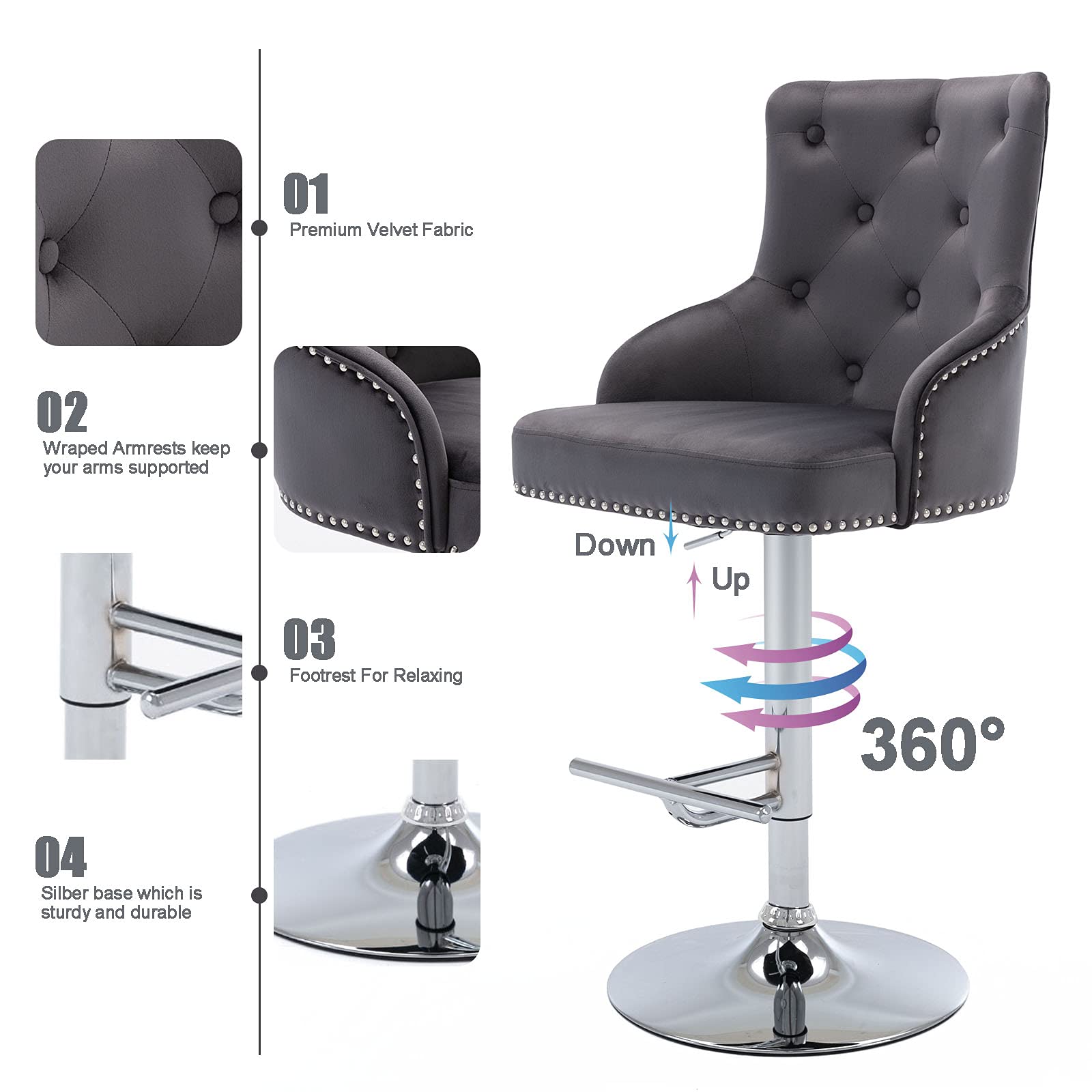 DMF Velvet Bar Stools Chairs with High Back Arms, Height Adjustable in Kitchen Dining Counter Room Fabric Barstools (Sliver Base, Grey)