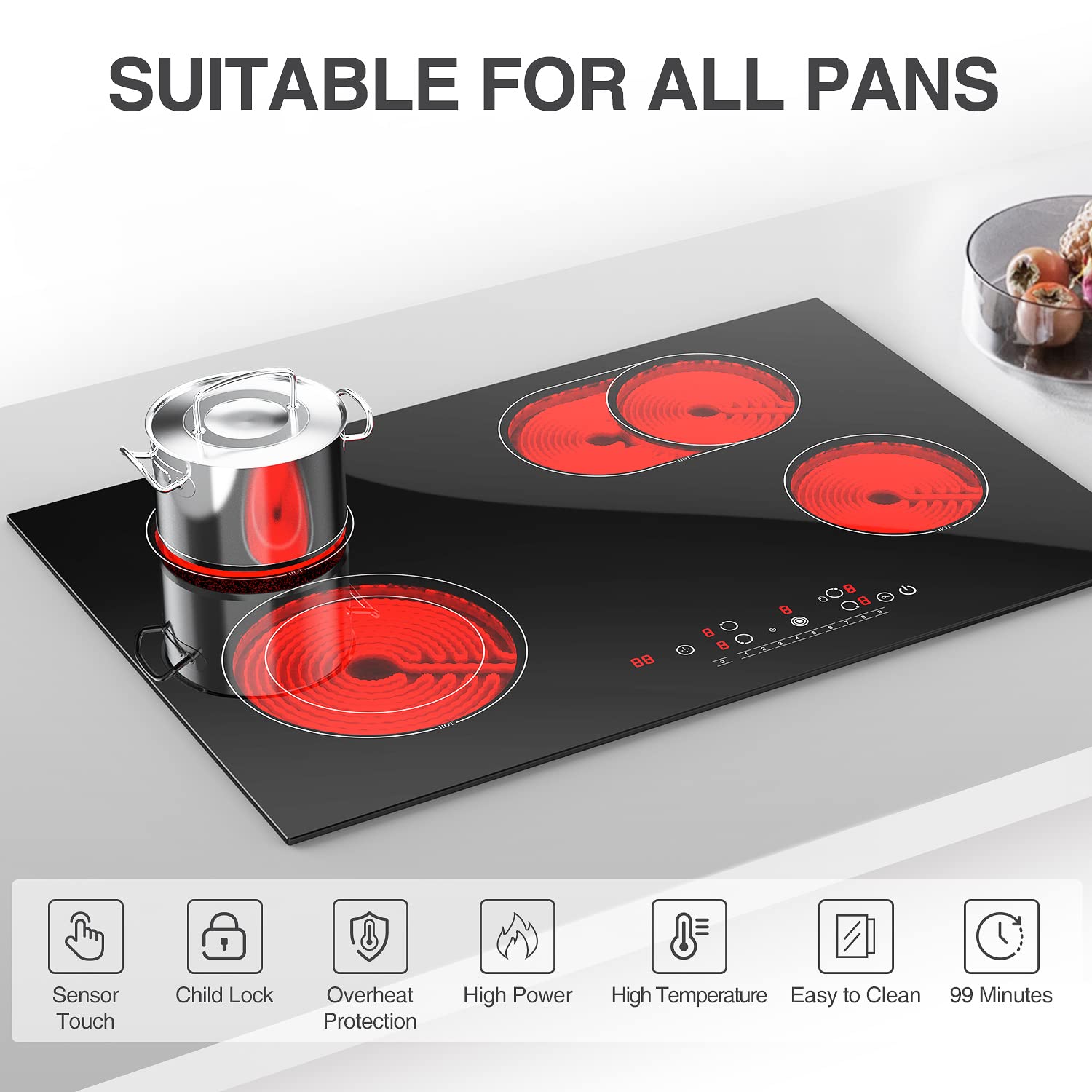 Electric Cooktop 30 Inch 4 Burner Built-in Electric Stove Top, 220V 7200W Electric Ceramic Cooktop, 9 Heating Levels, Timer & Kid Safety Lock, Suitable for all Cookware, without Plug