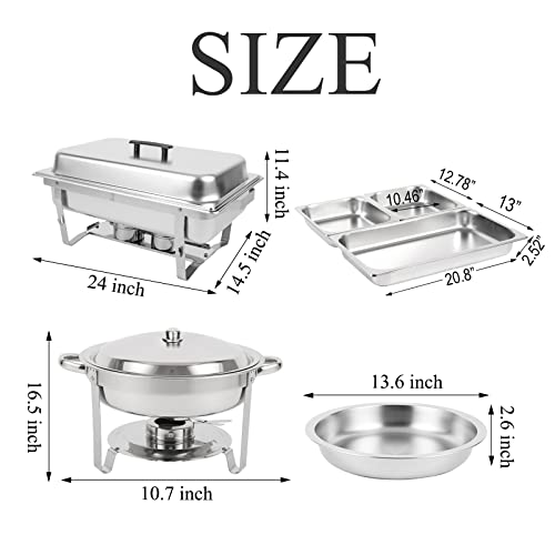 Restlrious Chafing Dish Buffet Set 6 Pks, Stainless Steel 5QT Round & 8QT Rectangle Foldable Chafers & Buffet Warmers Set, w/Full & Half Size Food Pan, Water Pan, Fuel Holder & Lid for Catering Event