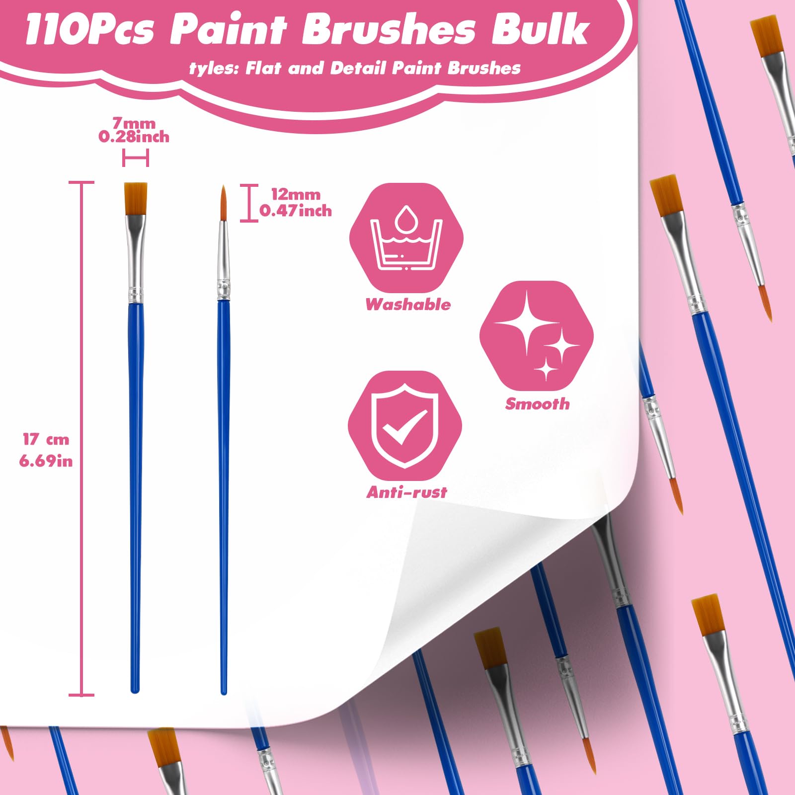 Small Paint Brushes Bulk, 110 Pcs Flat Tip Round Acrylic Paint Brushes for Kids Classroom Acrylic Watercolor Canvas Face Painting Touch Up