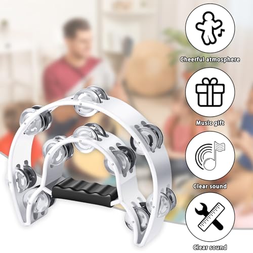 Half Moon Tambourine - Musical Instrument Percussion with Steel Jingle Bells for Drum & Guitar Playing (White)