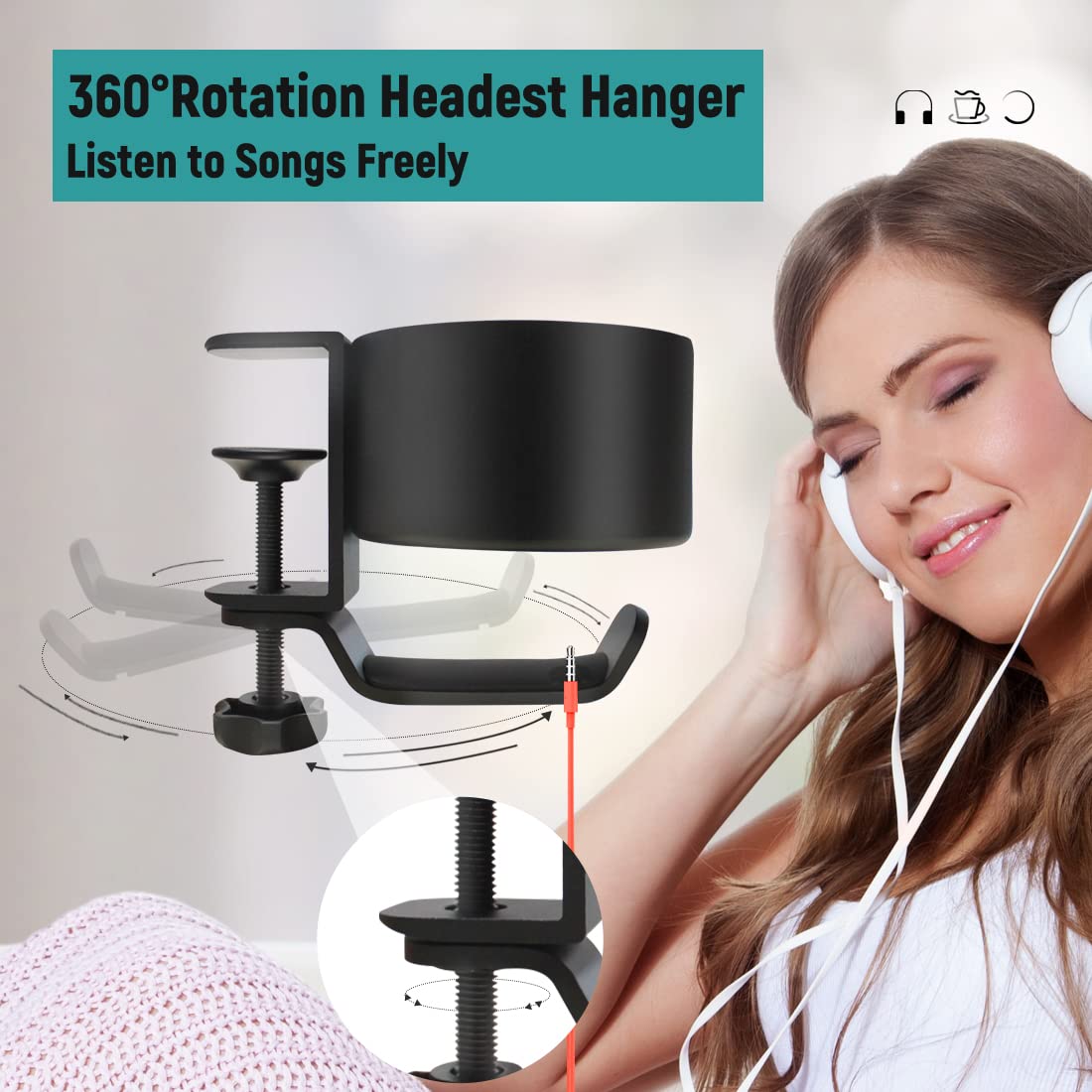 Desk Cup Holder, Sturdy 2-in-1 Anti-Spill Cup Holder for Desk or Table with 360° Rotatable Headphone Hanger, Durable Table Cup Holder with Cable Organizer,Holding Coffee Mups,Water Bottles,Headphones