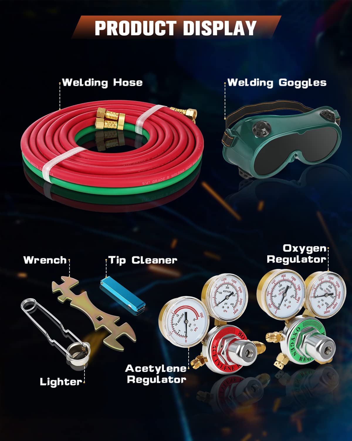 Gas Welding Cutting Kit Oxygen Acetylene Torch Portable Tool Set Oxy Brazing Welder Kit Professional Precision Instrument with Two Hose, Tips, Goggles, Blue Carrying Case