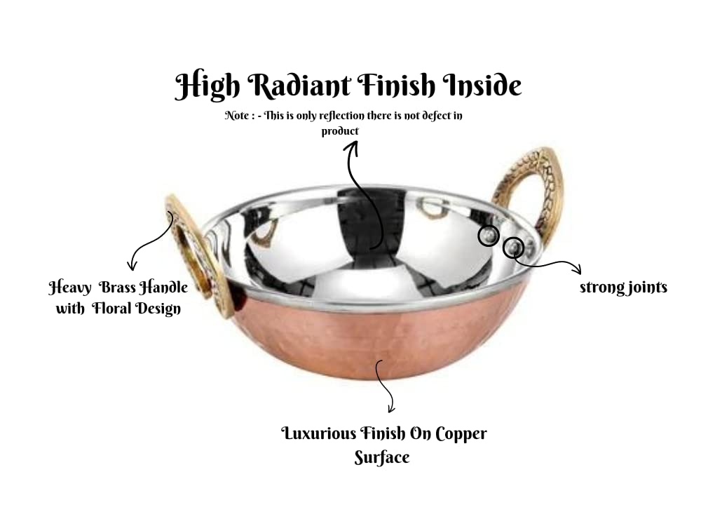 Genx Set of 4, Indian Copper Serveware Karahi Vegetable Dinner Bowl with Solid Brass Handle for Indian Food, Diameter- 13 Cm (5.2 Inches)