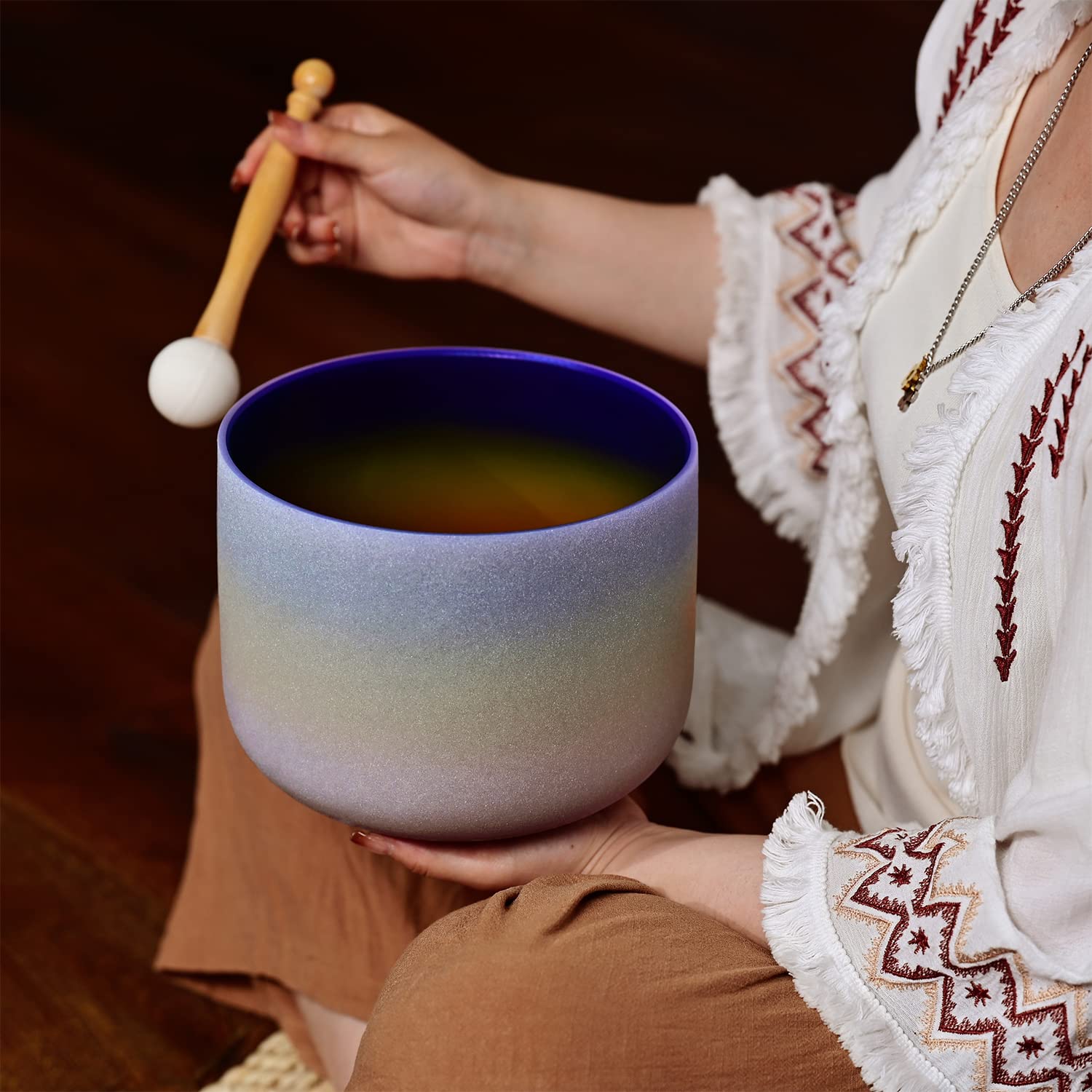 CVNC 8 Inch Rainbow Colored A Note Third-Eye Chakra Frosted Quartz Crystal Singing Bowl + Free mallet & O-ring