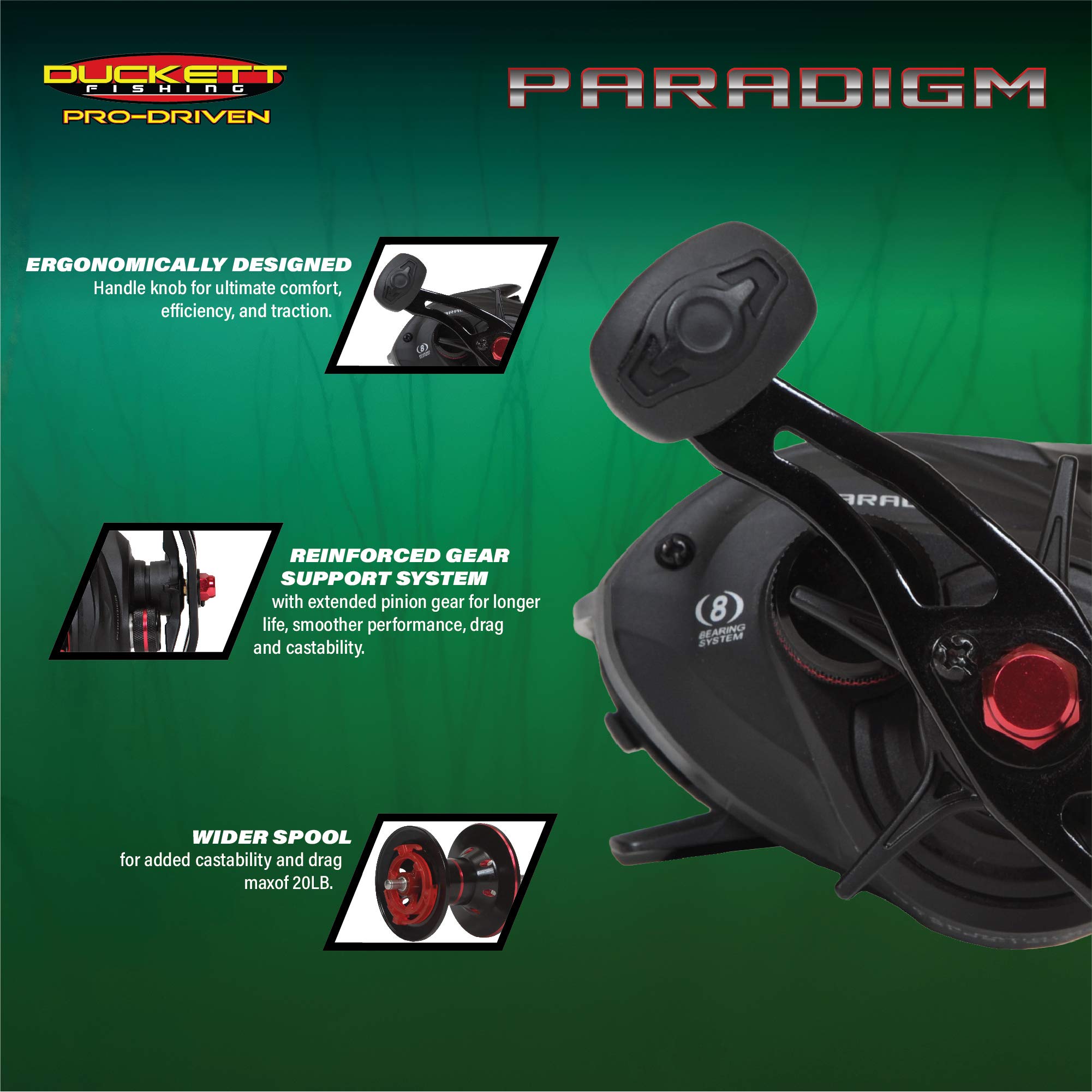 DUCKETT FISHING Paradigm CRI 200 Series Right Hand 6.8:1 8bb Baitcaster High Tech Aluminum Fishing Casting Reels