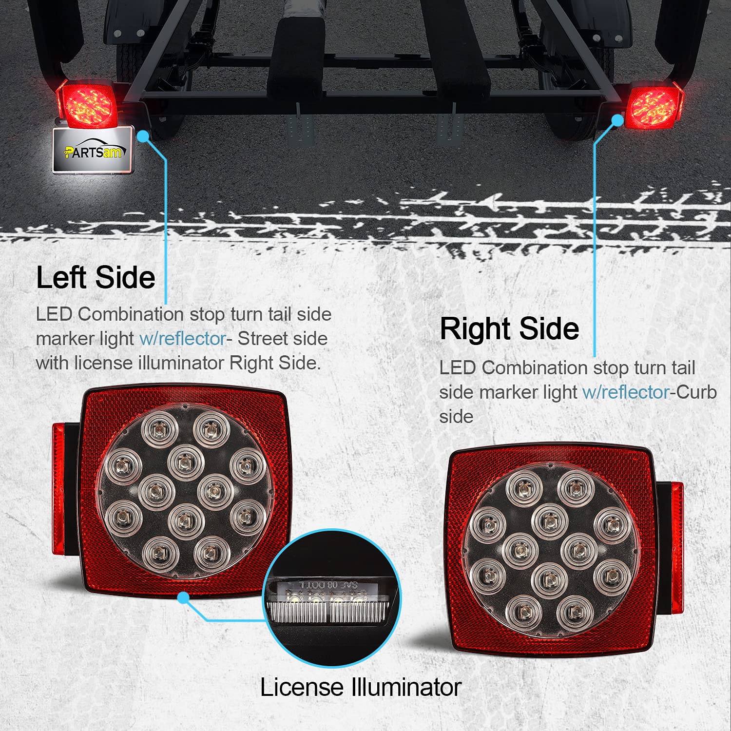 Partsam 12V Waterproof Square LED Trailer Tail Light Kit Clear Lens Red Trailer Brake Stop Tail Turn Signal Running Lights License Kit for Camper Truck RV Boat Trailer Snowmobile Marine Under 80"