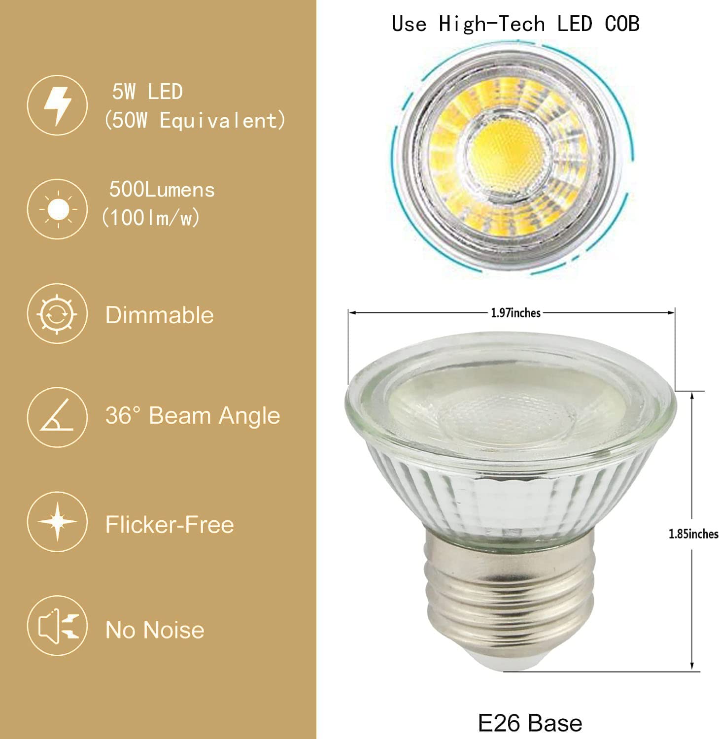 Drart PAR16 Led Short Neck Spotlight Bulb, 5W Curio Cabinet Light Bulbs, E26 Dimmable Recessed Small Light Bulbs, LED Replacement for Halogen Bulb 50W Equivalent, 120V 500lm, White 5000K (Pack of 6)