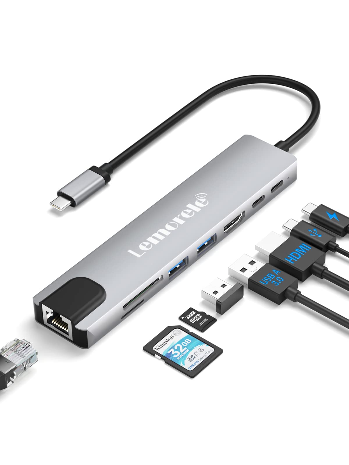 USB C Hub Ethernet, Lemorele 8 in 1 USB C Hub Multiport Adapter with 4K@30Hz HDMI, 85W PD, USB 3.0 Ports, USB C Data Port, SD/TF Card Reader, USB C Dongle for MacBook Pro/Air and Other Type C Devices