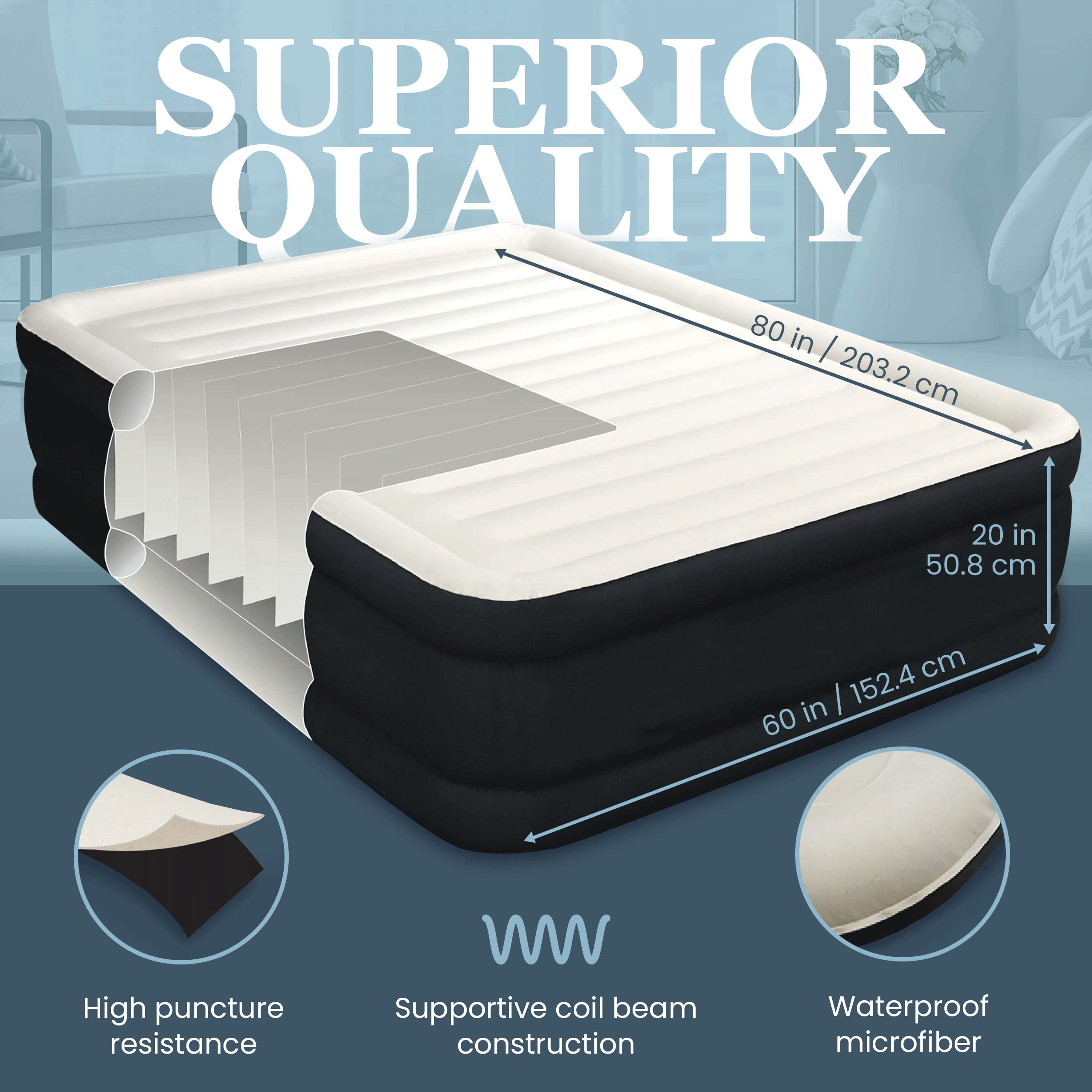 Englander Queen Air Mattress with Built in Pump Raised - Double High, 600 LB Weight Capacity - Luxury Size Camping Mattress - Blow Up Floor Bed for Home - Microfiber, Waterproof Airbed with Patch Kit