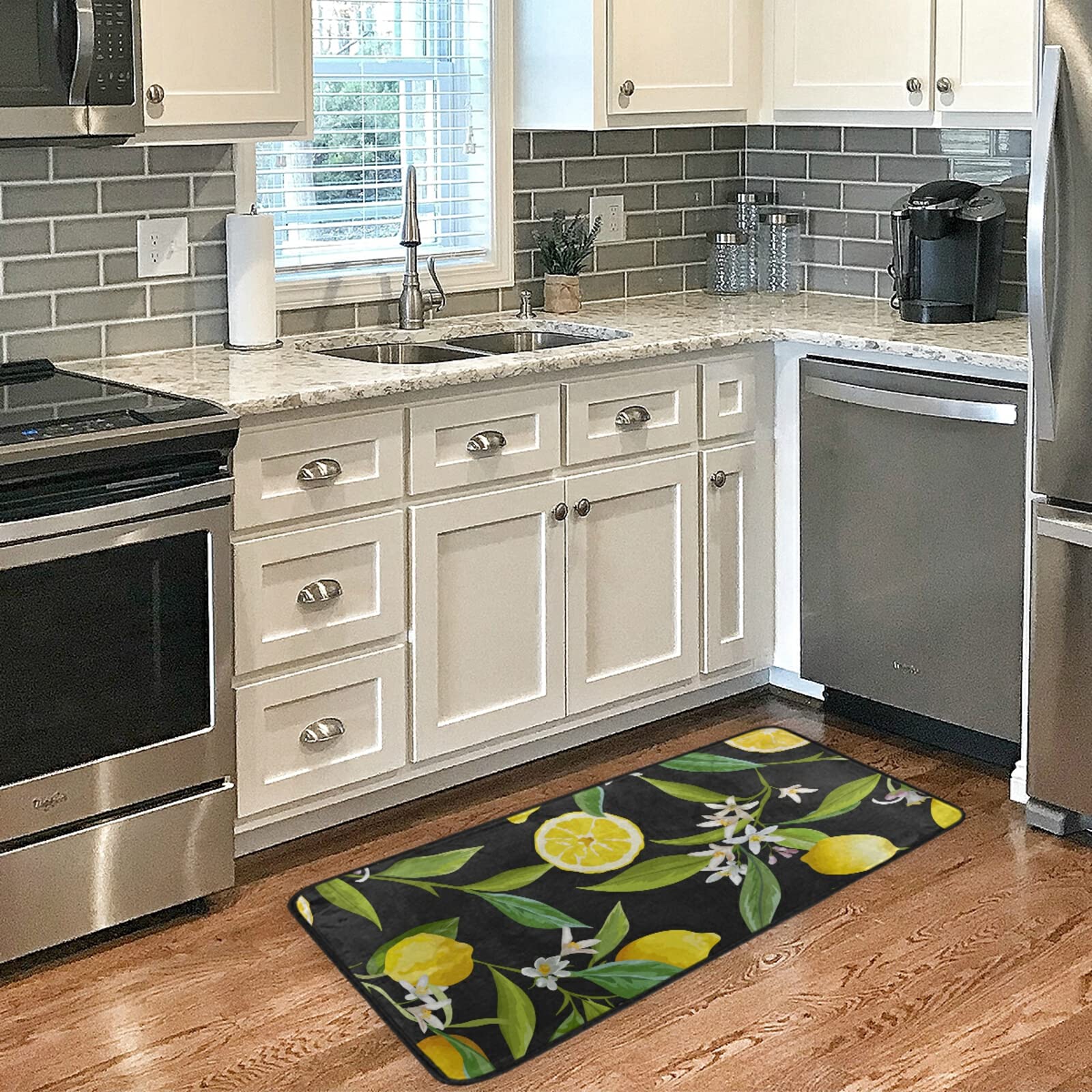 Fruit Lemon Floral Leaves Kitchen Floor Mat Non Slip Washable Doormat Runner Carpet for Bedroom Foyer Laundry Home Decor 20" x 39"