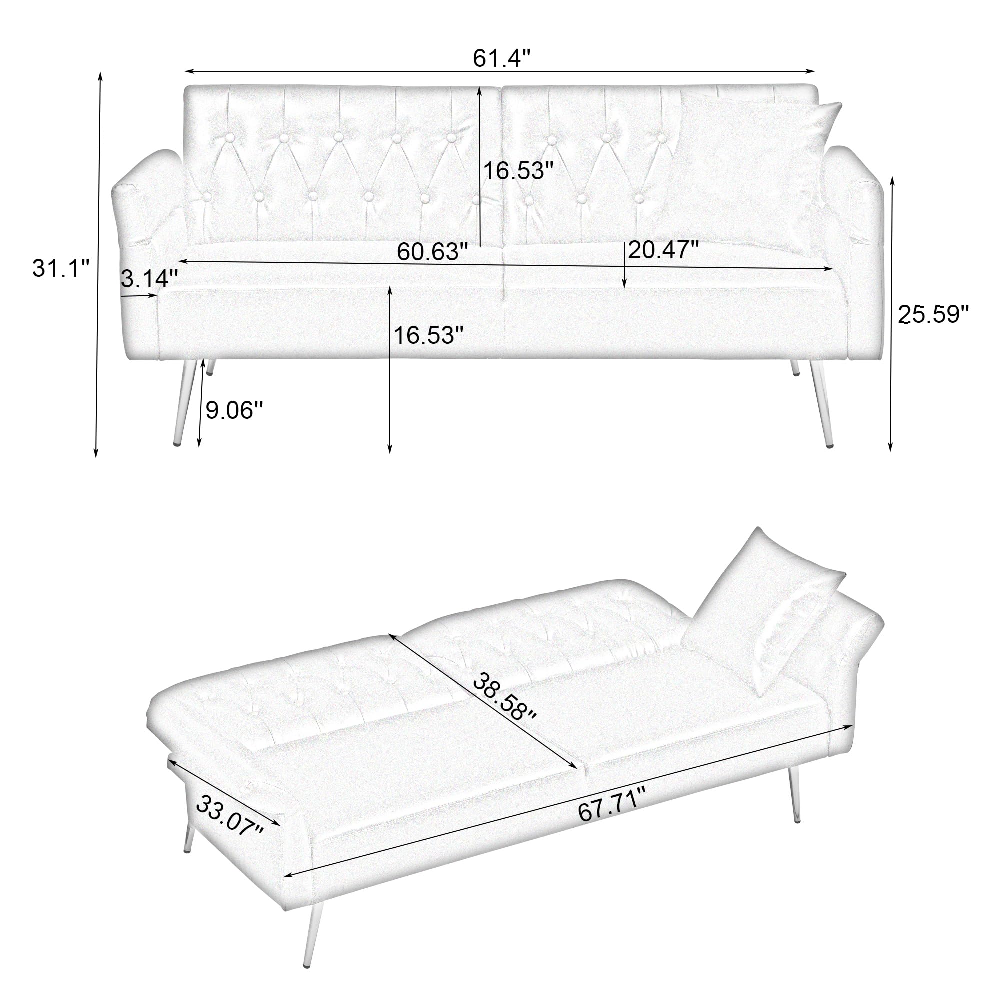 Jintop 67.71 Inch Waterproof Faux Leather Upholstered Sleeper Sofa-Bed and Adjustment Armres,Tuffed Button Couch Chaise w/Metal Legs & Pillows,for Dorm,Apartment,Studio,White, 67.71"