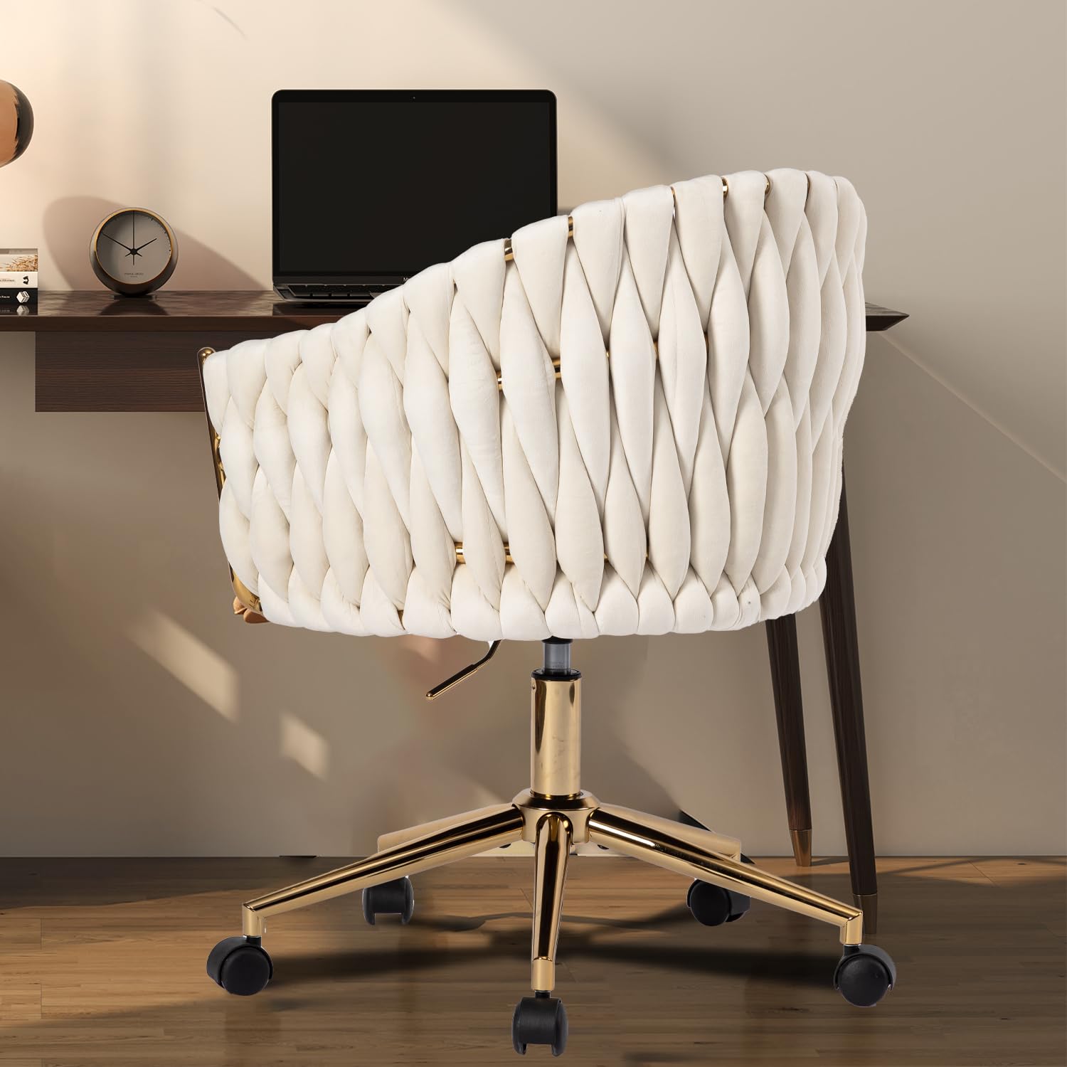 linting Velvet Office Desk Chairs Vanity Chairs with Gold Base Height Adjustable Mid Back Makeup Chairs with Wheels for Women, Hand-Woven Accent Chairs Armchair, Beige