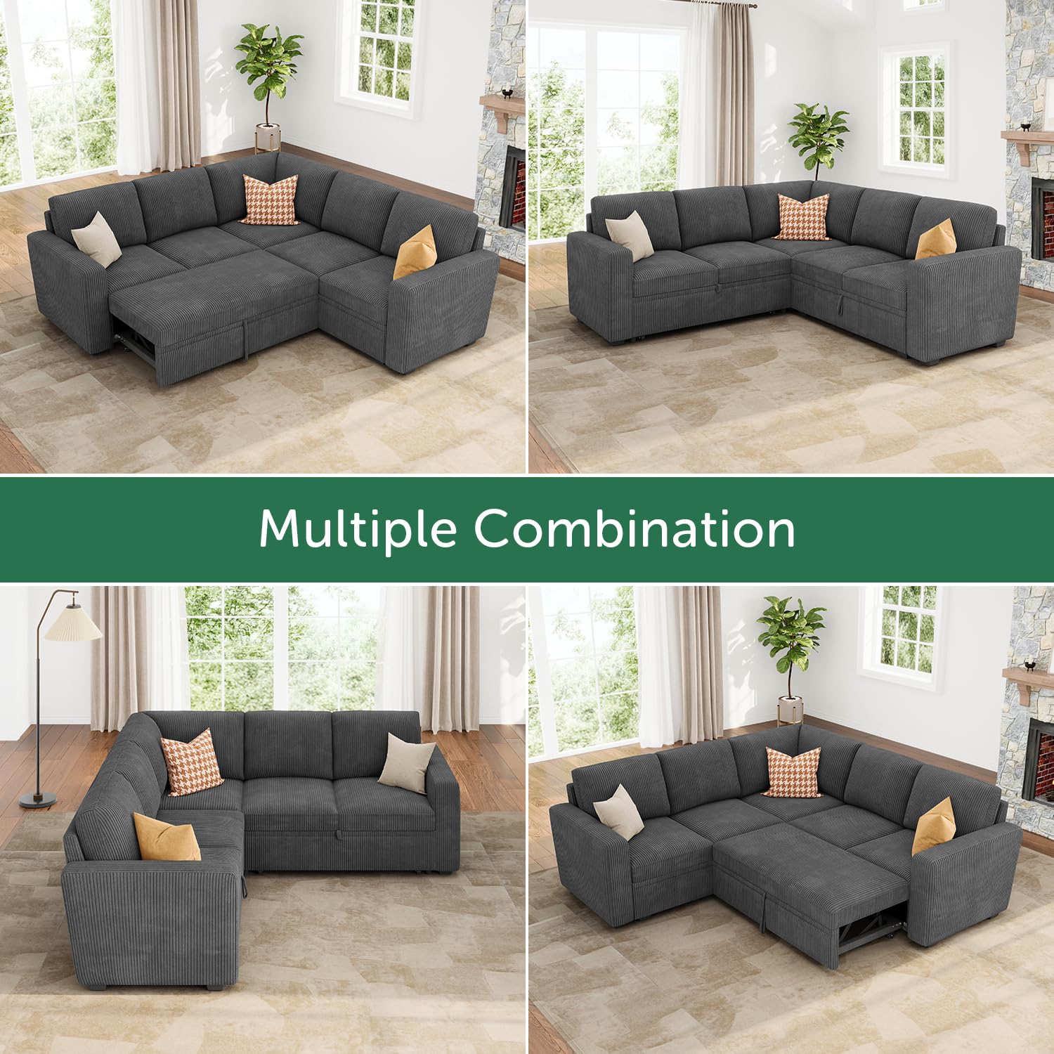 HONBAY Modular Sectional Sleeper Sofa with Pull Out Bed, Corduroy L Shaped Couch with Storage Seats, Convertible Sectional Couches for Living Room, Green