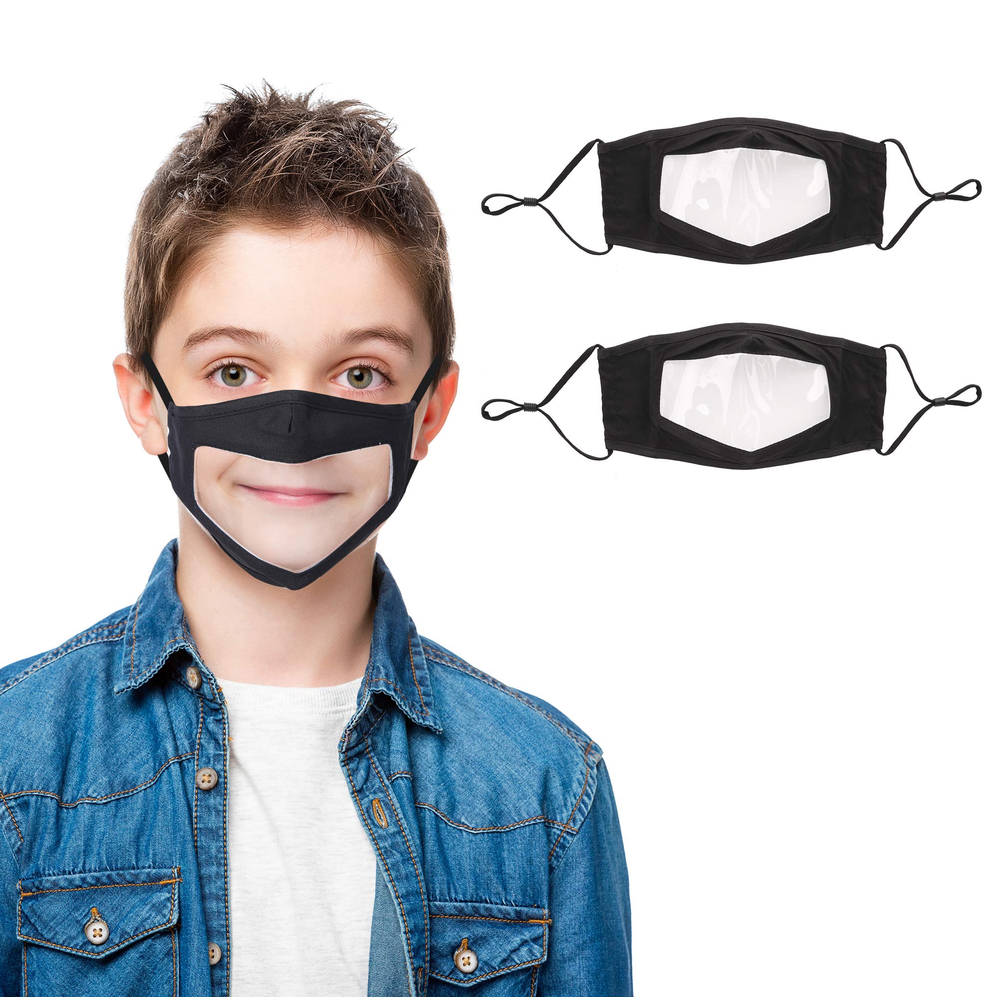 Feeke Kids Reusable Mouth Cotton Cover with Clear Window and Adjustable Ear Straps for Children- 2 Pack