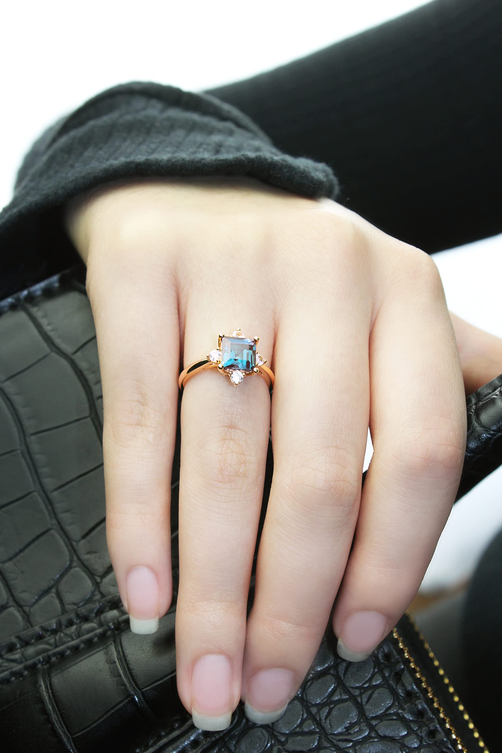 Heartland By Beverley Mitchell 10K Rose Gold 7mm Square Cut Teal Lab-Created Alexandrite & Lab-Created White Sapphire Cathedral Statement Ring - Size 8