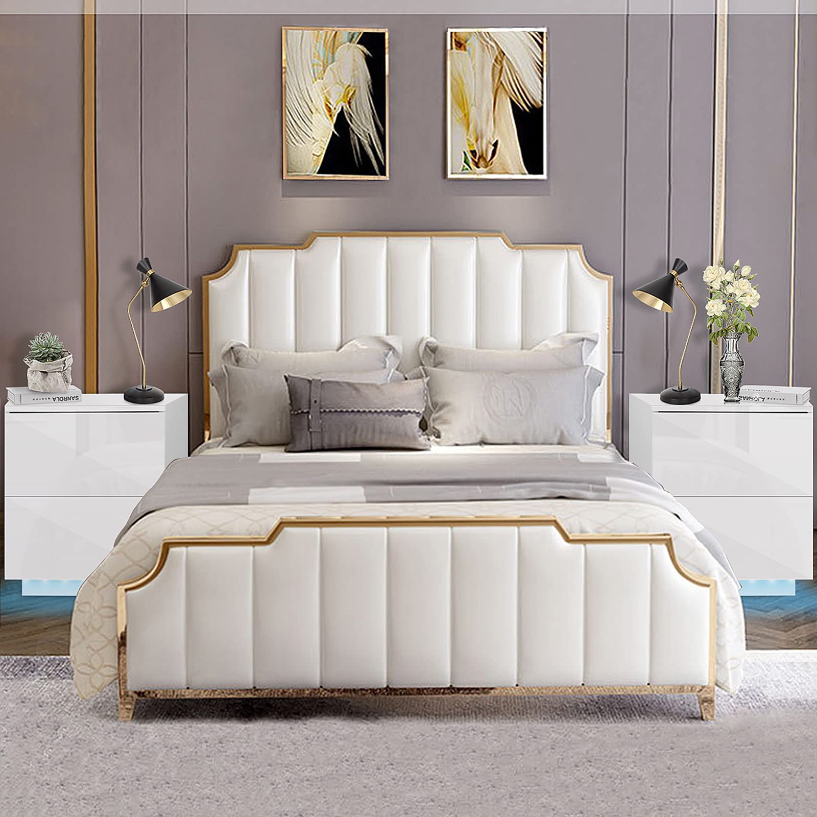 HALLOLURE LED Nightstand Modern LED Bedside Table High-end Fashion Side Table 2 High Gloss Drawers Shelf End Table Night Stand Storage Cabinet Bedroom Living Room (White)