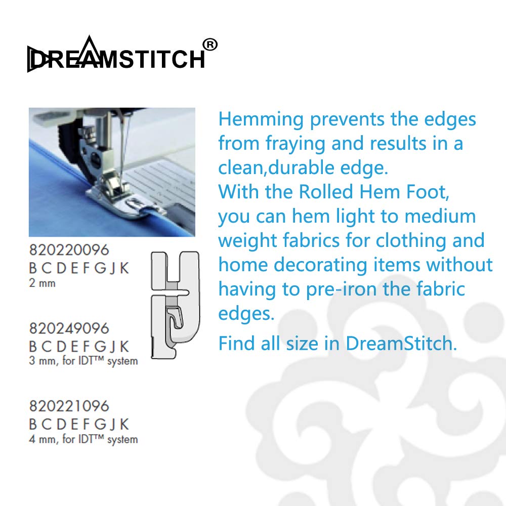 DREAMSTITCH 820249096 3mm Rolled Hem Presser Foot with IDT for Pfaff Sewing Machine ALT : 98-694818-00, 3820284-096,820284096,820249096