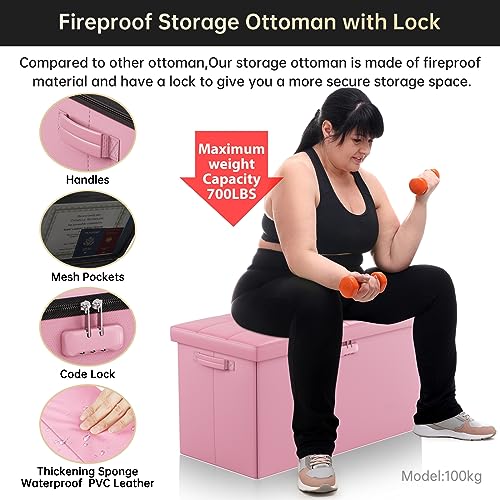 ENGPOW Storage Ottoman Bench,Fireproof Folding Storage Bench with Lock,30 Inches Fire＆Water Resistant Storage Chest Foot Rest Stool Leather Bedroom Bench with Storage Safe for Document,Valuables,Pink