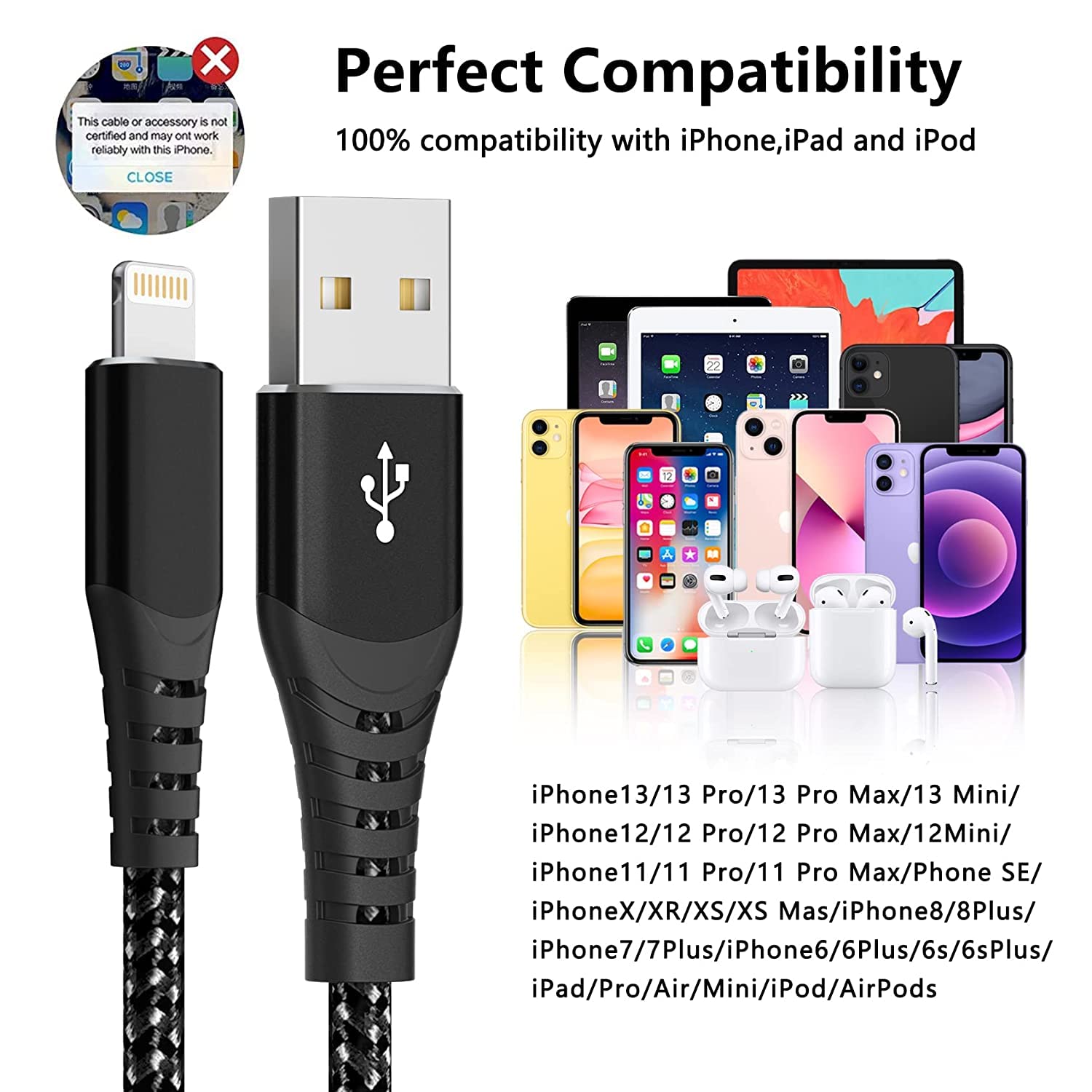 Kmformals Phone Charger Cable Certified 3 Pack 6ft Nylon Braided Cable Phone Charger Fast Charging Cord Compatible with Phone 14 13 12 11 Pro Max XR XS X 8 7 6 Plus and More