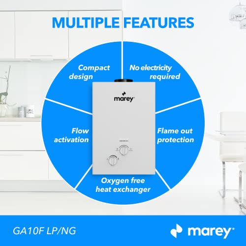 MAREY GA10FLP 2.64 GPM, 68,240 BTU's LP Gas Flow activated Gas Tankless Water Heater, White