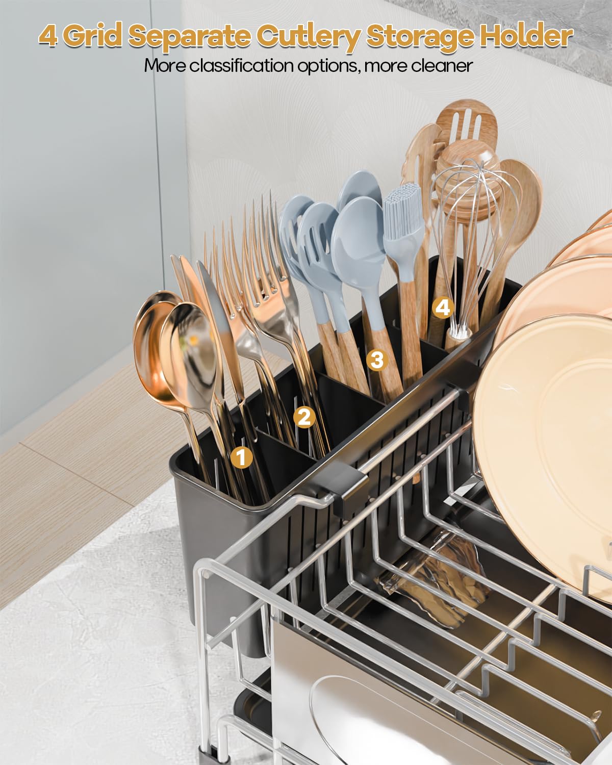 LIONONLY Dish Drying Rack, Dish Racks for Kitchen Counter, 304 Stainless Steel Dish Drainer Drainboard Set with Smart Drainage, 360° Adjustable Spout, Utensil Holder and Cup Holder,Black