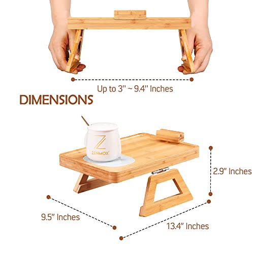 Zenmox Bamboo Clip On Couch Tray Built-in Mug Warmer with Mug Set - Table for Food, Drink Holder - Modern, Sleek Design - with 360° Rotating Phone Holder