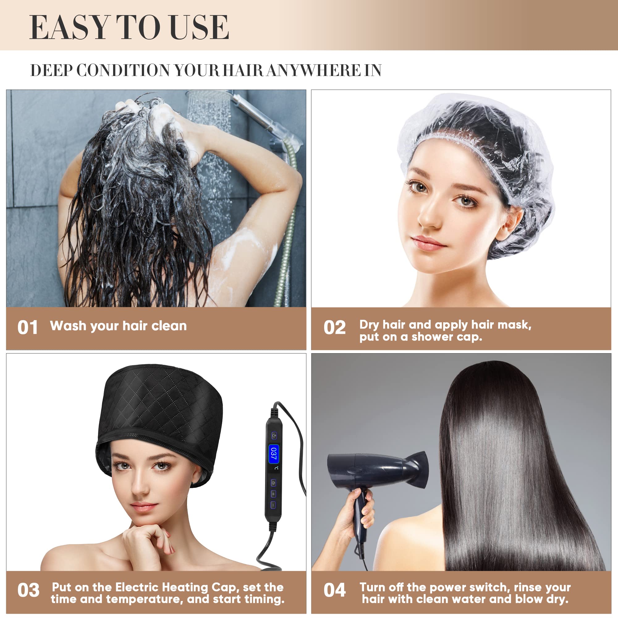 Heat Cap for Deep Conditioning Adjustable Temperature & Timer Setting, Hair Steamer for Natural Hair Home Use Extended Cord Electric Portable, Black